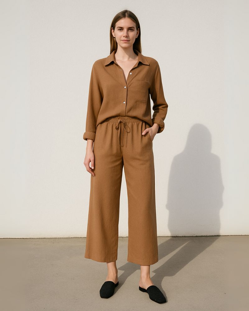 Toffee Drift Cotton Lounge Set | 2-Piece Crinkle Co-Ord (S–XXL)